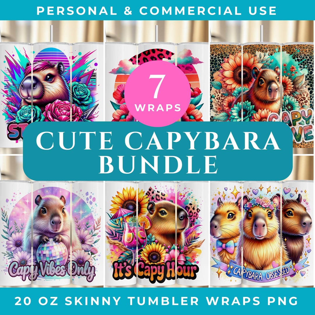 Cute Capybara Tumbler Wrap Bundle, Capy Animal 20 Oz Skinny Tumbler Sublimation PNG, 7 Fun ...