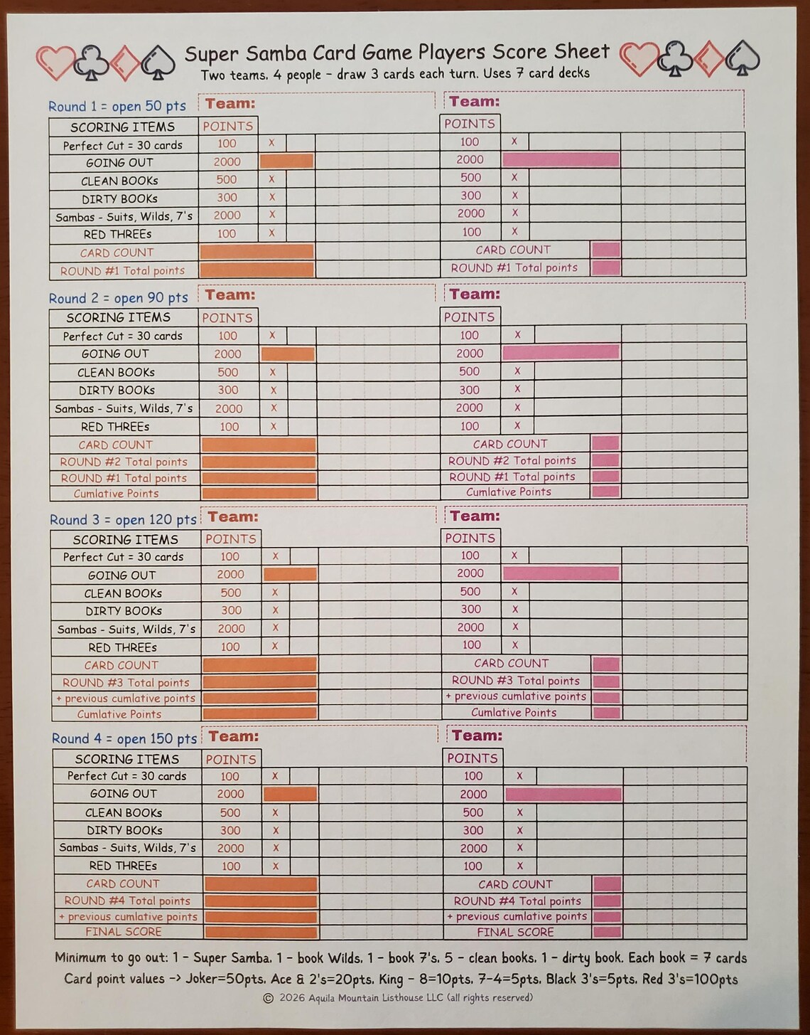 Super Samba Score Sheet for 2 Teams - 4 People, is Simple & Easy to Understand. - Etsy