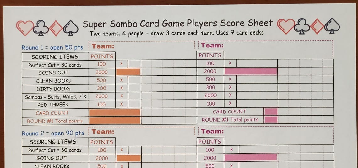 Super Samba Score Sheet for 2 Teams - 4 People, is Simple & Easy to ...