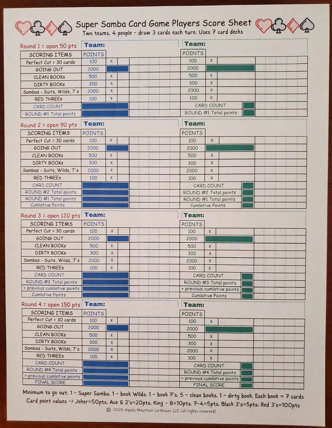 Super Samba Score Sheet for 2 Teams - 4 People, is Simple & Easy to ...