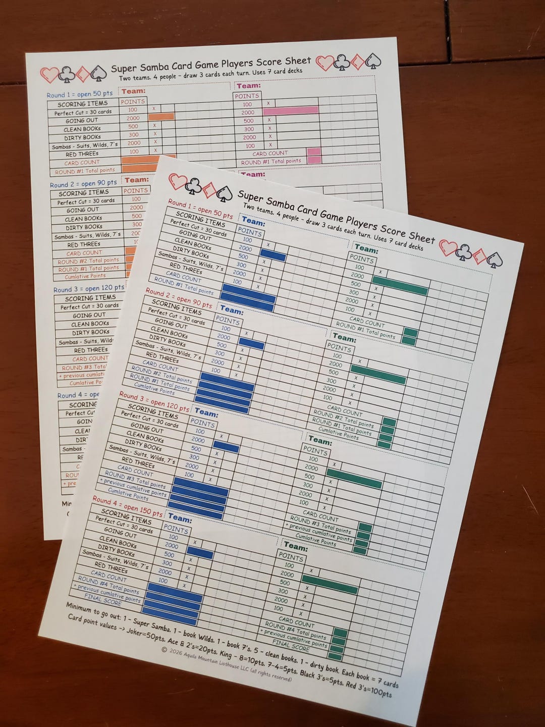 Super Samba Score Sheet for 2 Teams - 4 People, is Simple & Easy to ...