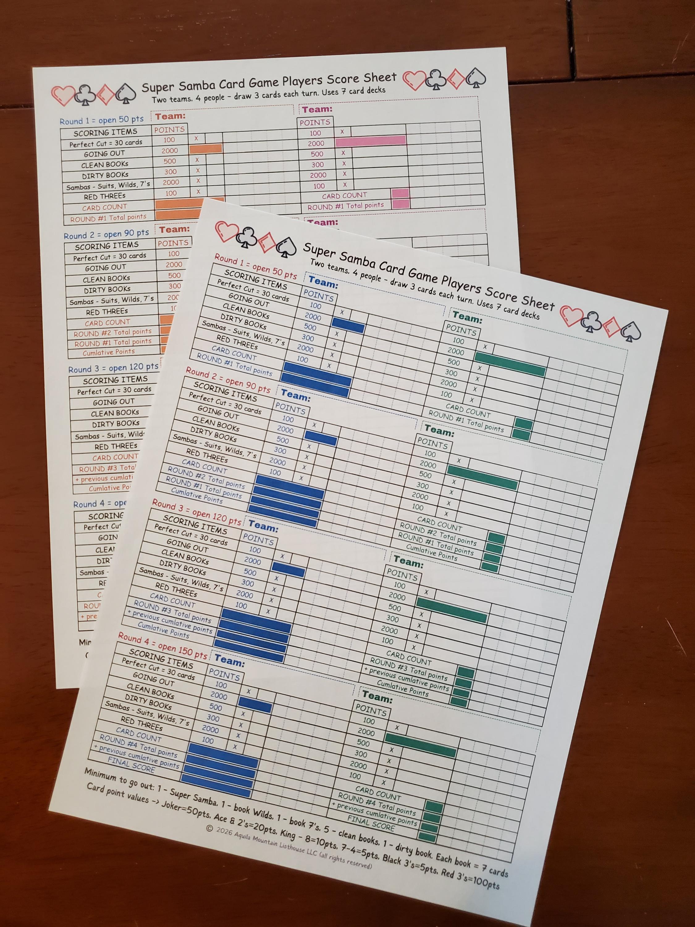 Super Samba Score Sheet for 2 Teams - 4 People, is Simple & Easy to ...
