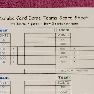 Samba Card Game Score Sheet for 2 or 4 People, Simple, Easy to ...