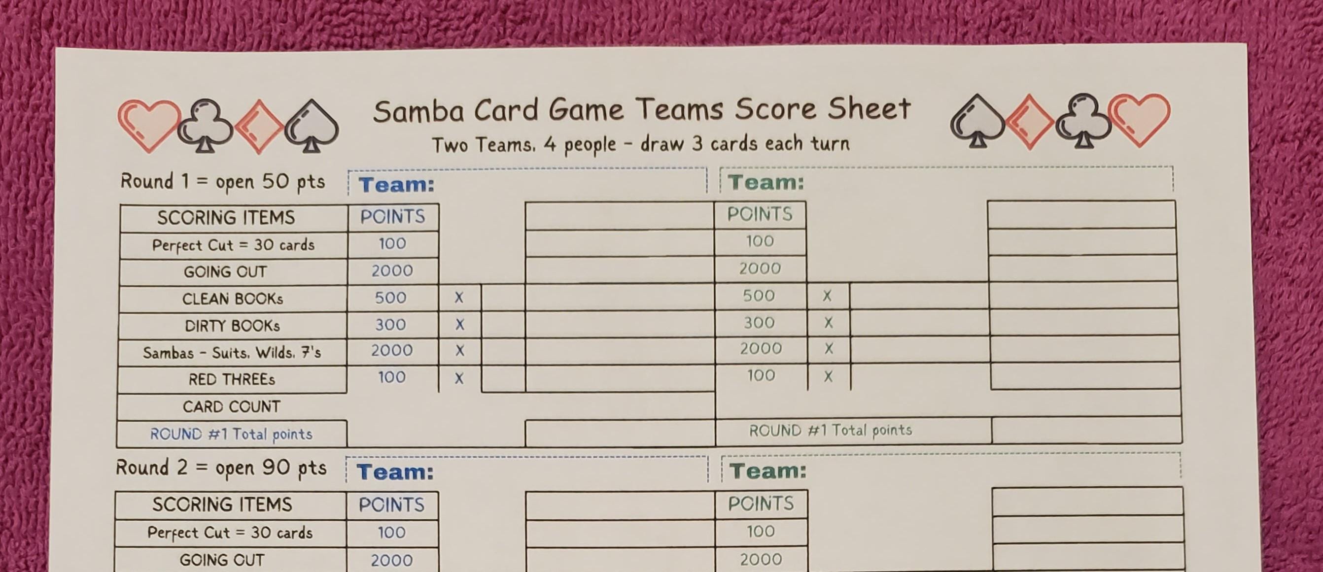 Samba Card Game Score Sheet for 2 or 4 People, Simple, Easy to ...