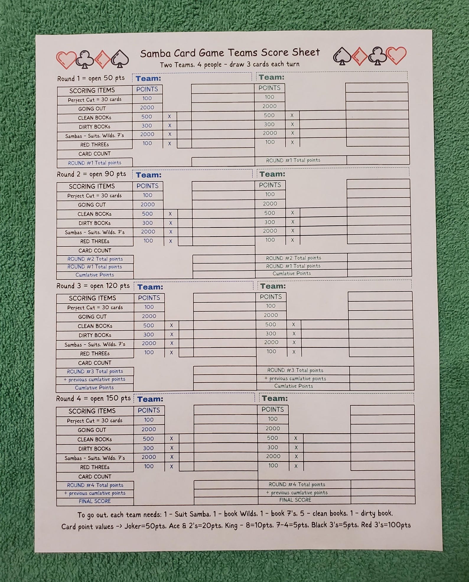 Samba Card Game Score Sheet for 2 or 4 People, Simple, Easy to Understand, Everything You Need ...
