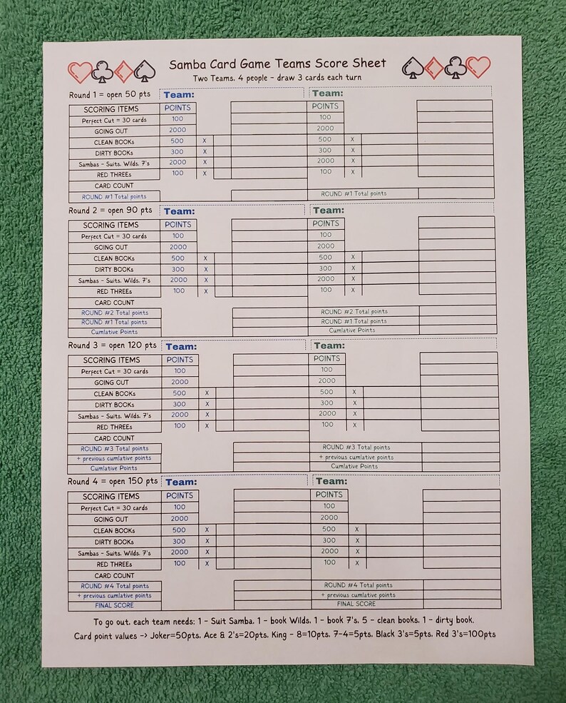 Samba Card Game Score Sheet for 2 or 4 People, Simple, Easy to Understand, Everything You Need ...