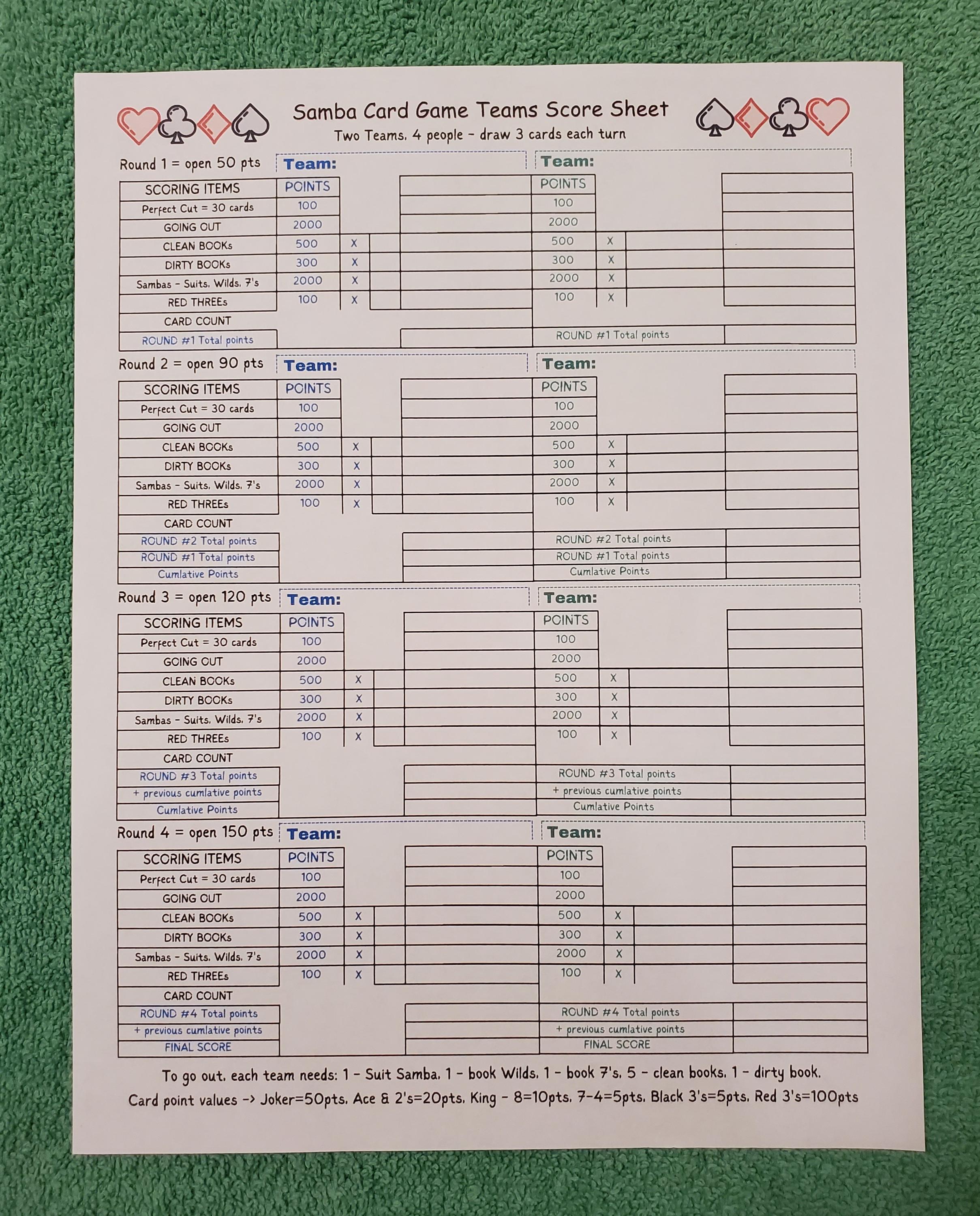 Samba Card Game Score Sheet for 2 or 4 People, Simple, Easy to ...