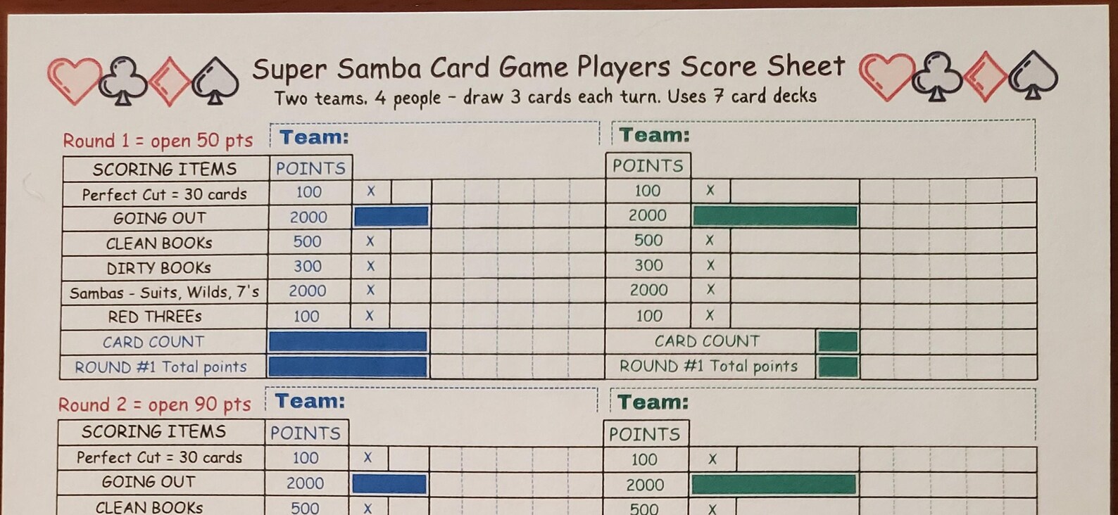 Super Samba Score Sheet for 2 Teams - 4 People, is Simple & Easy to Understand. - Etsy