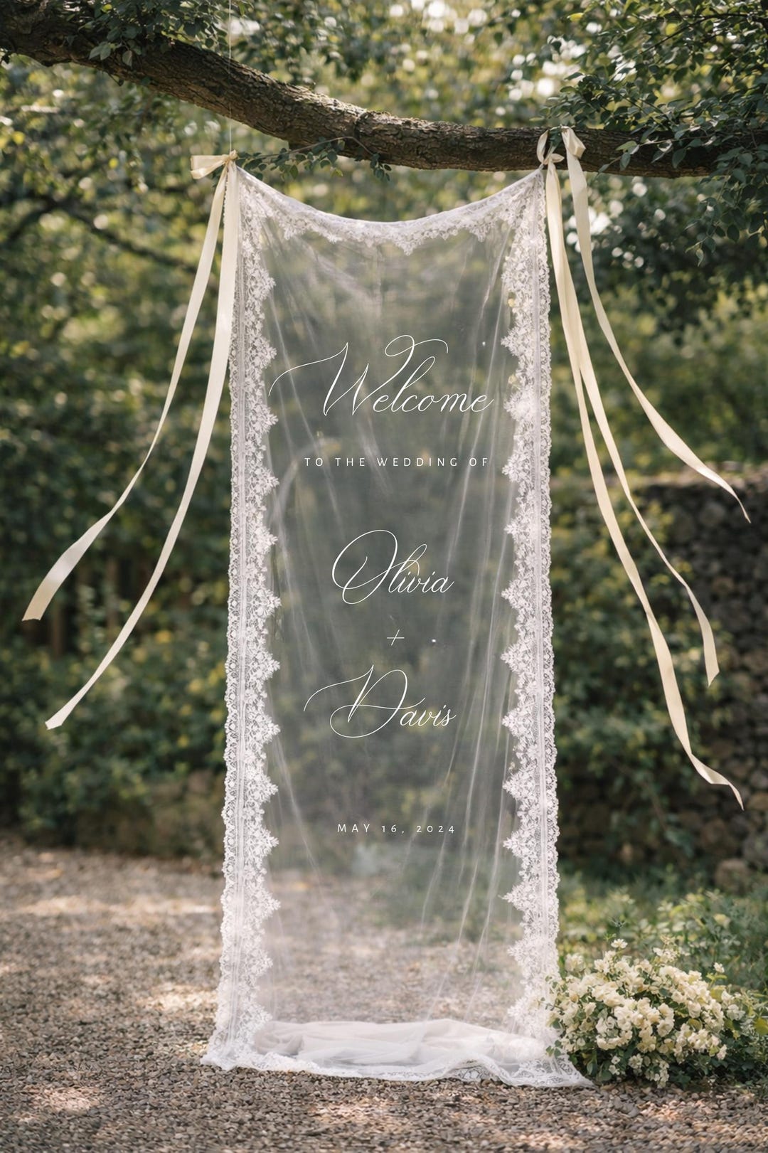 Sheer Lace Wedding Welcome Sign, Transparent Fabric Wedding Sign ...