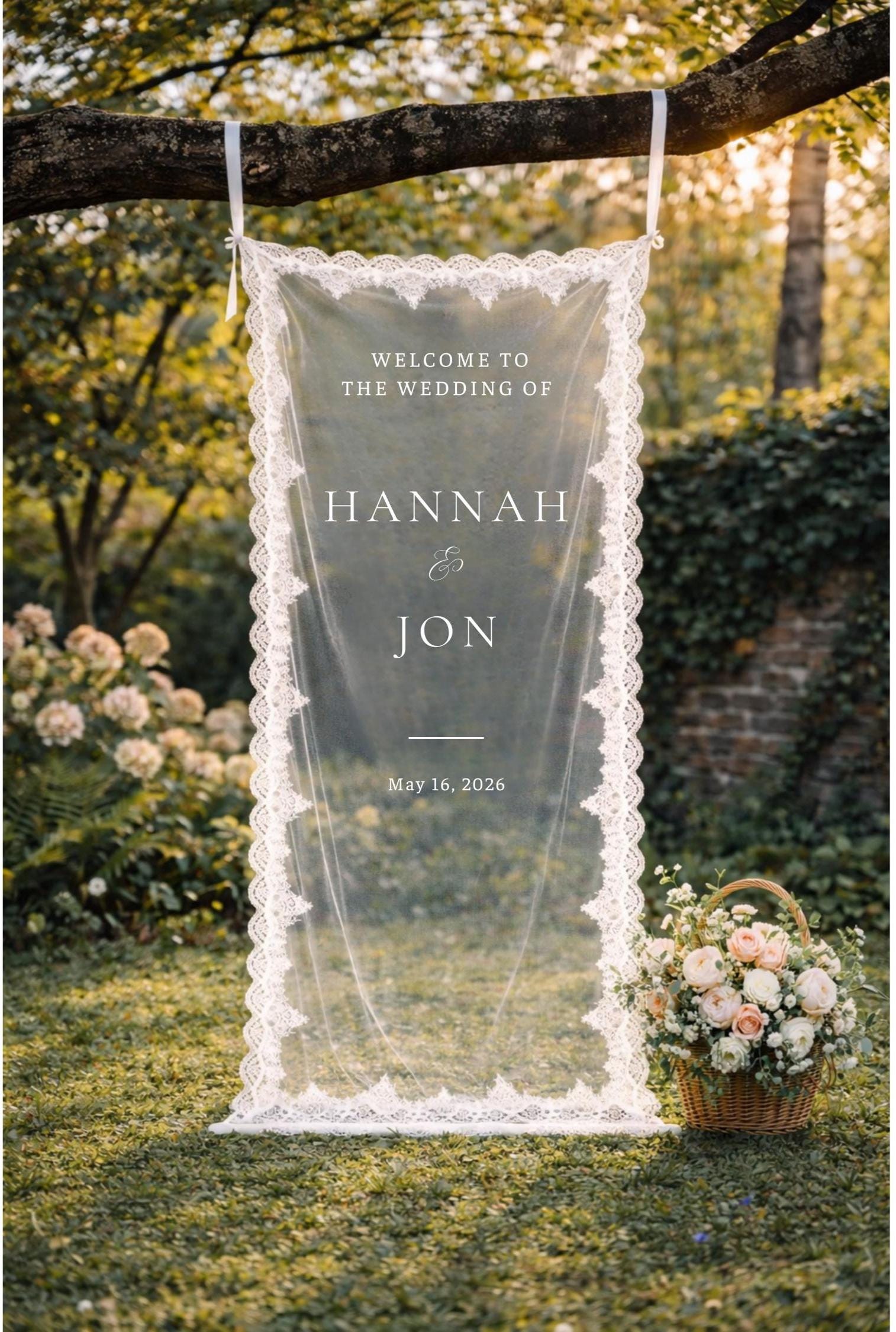 Sheer Lace Wedding Welcome Sign: Personalized Modern Wedding Banner ...