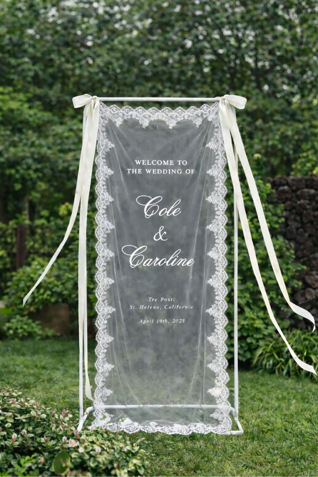 Sheer Lace Wedding Welcome Sign, Romantic Tulle Backdrop Banner, Voile ...