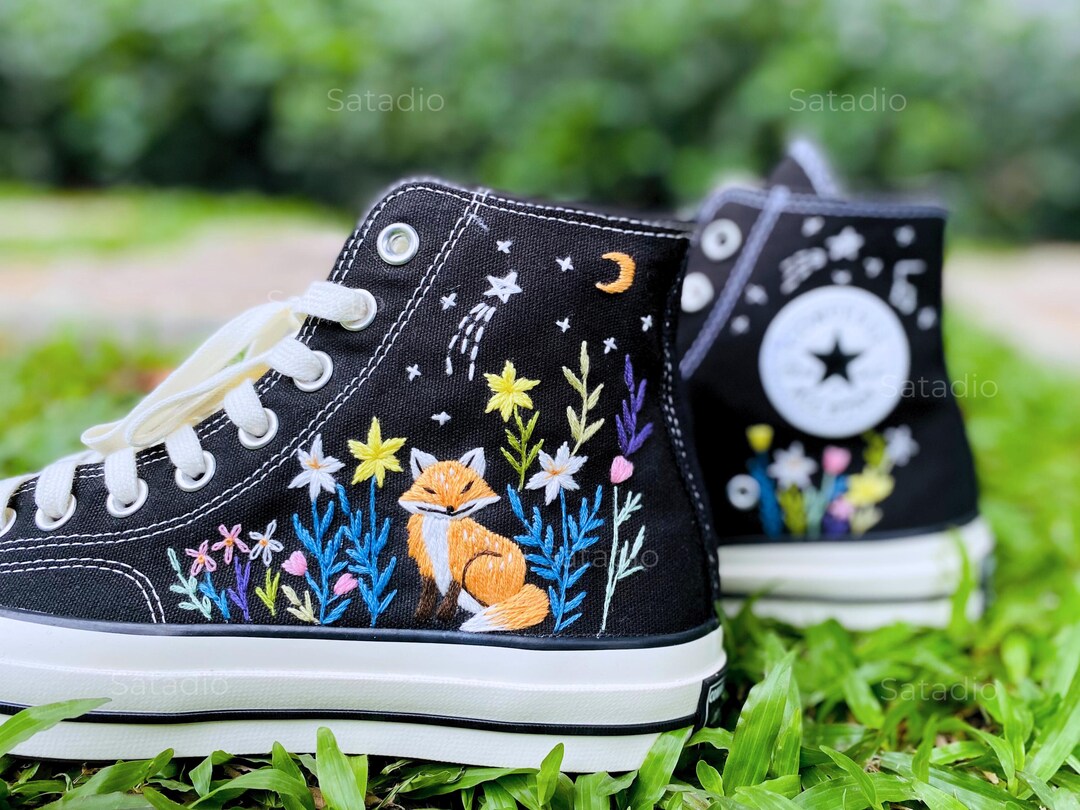 Custom Embroidered Converse High Tops 1970s, Fox Embroidered Converse ...