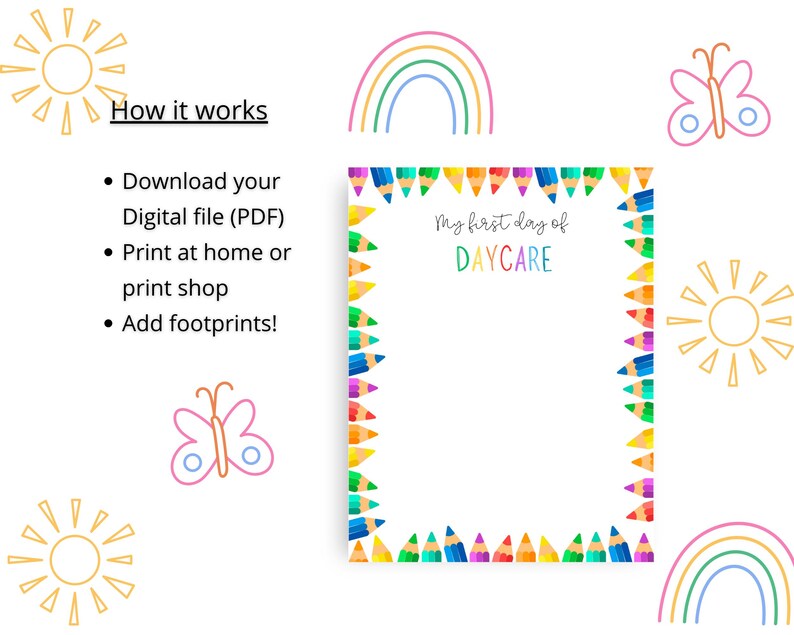 First Day of Daycare Footprint Craft, Colorful Handprint Keepsake Art ...