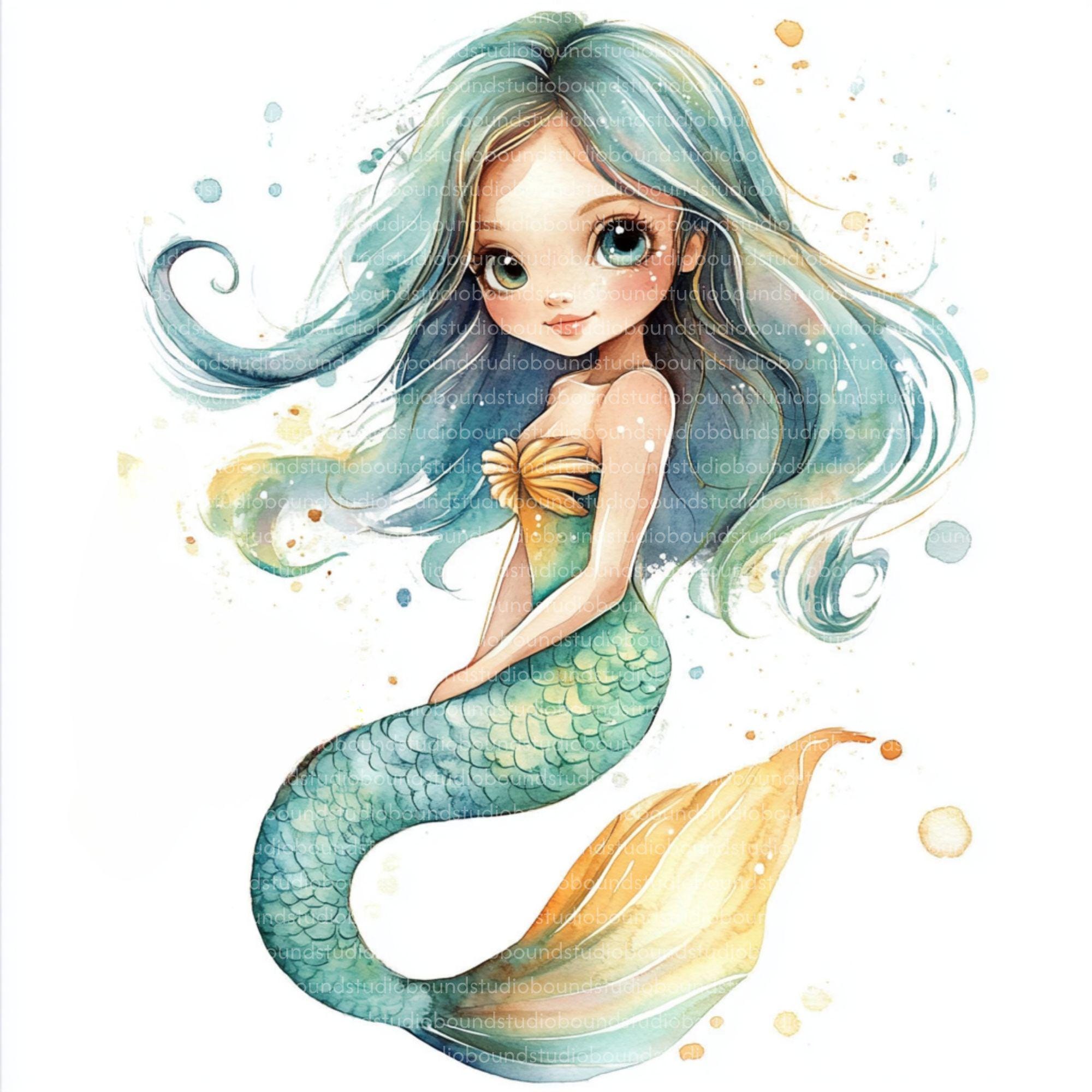 12 Beautiful Mermaid Clipart, Printable Watercolor Clipart, Digital ...