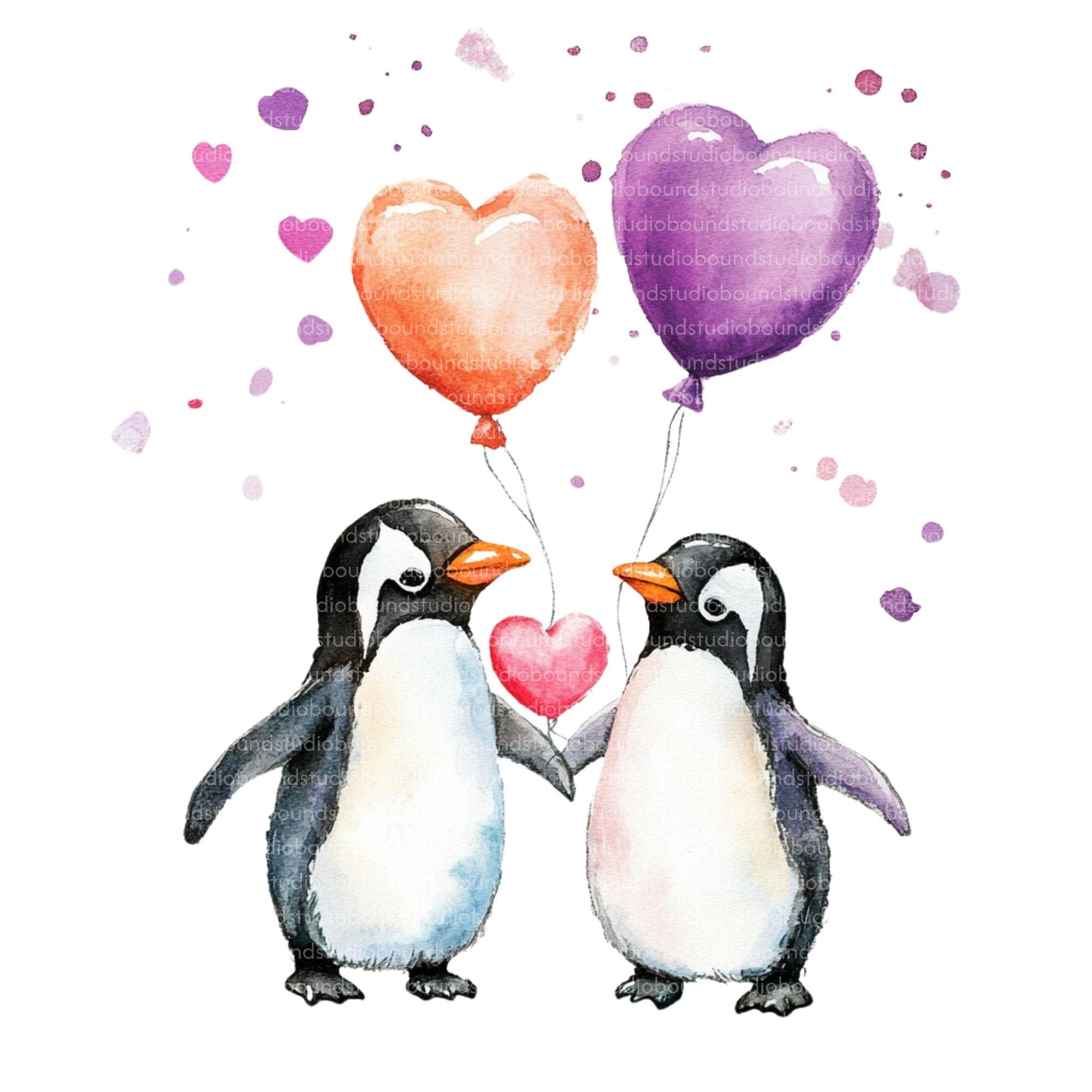 Penguin Couple Watercolor Clipart: Valentine's Day Graphics (digital ...