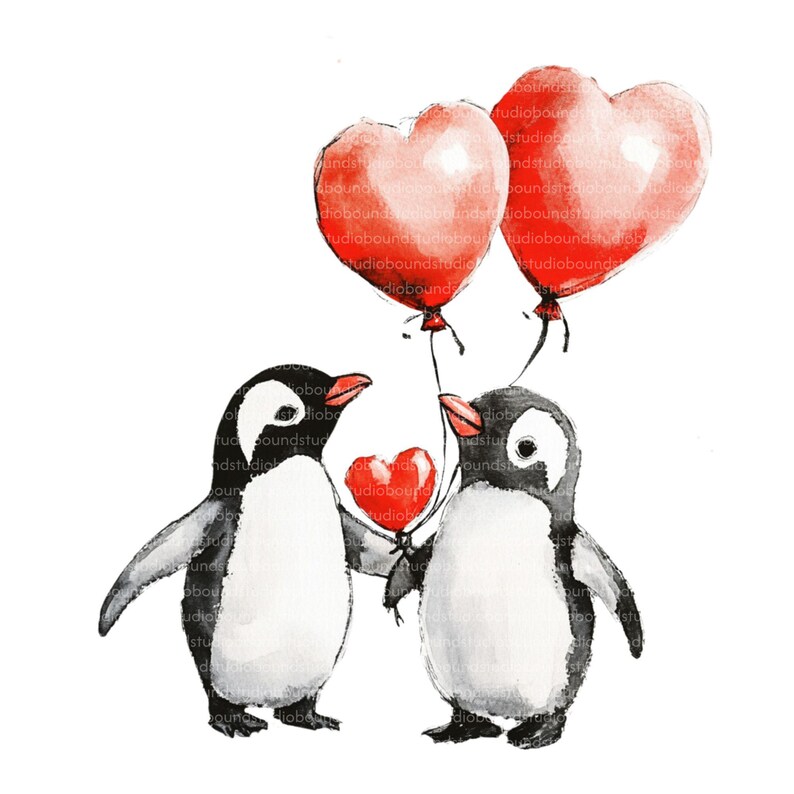 10 Cute Penguin Couple Clipart, Printable Watercolor Clipart, Valentine ...