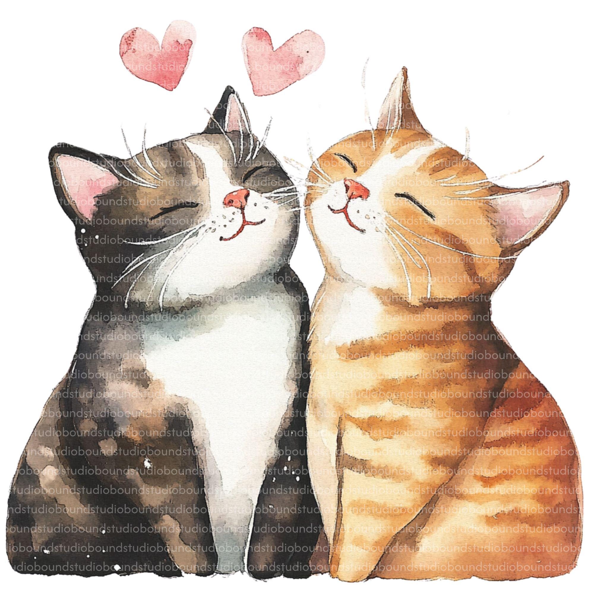 13 Cute Cat Couple Clipart, Printable Watercolor Clipart, Cat Clipart ...
