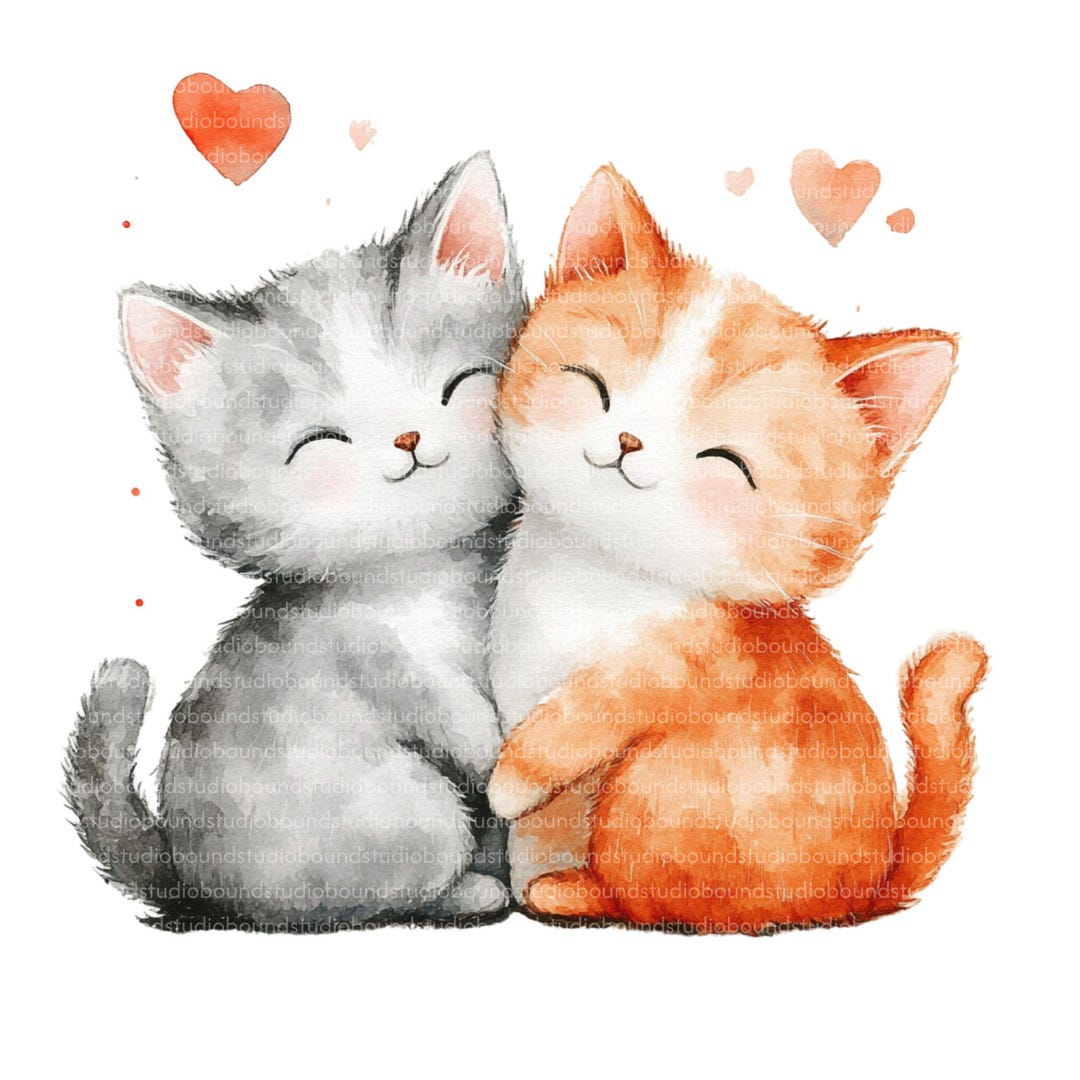 13 Cute Cat Couple Clipart, Printable Watercolor Clipart, Cat Clipart ...