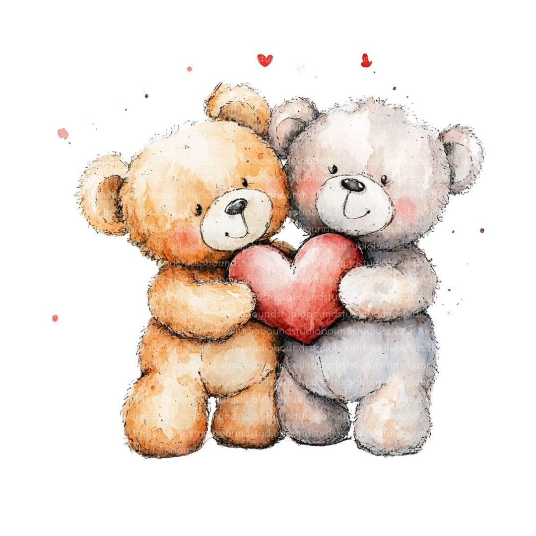 Watercolor Teddy Bear Couple Clipart: Valentine's Day Graphics (digital ...