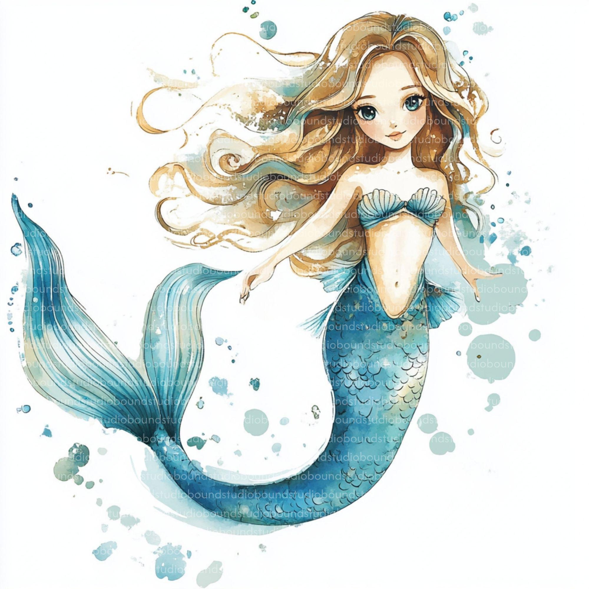 12 Beautiful Mermaid Clipart, Printable Watercolor Clipart, Digital ...