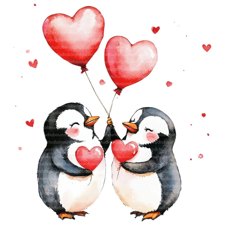 Penguin Couple Watercolor Clipart: Valentine's Day Graphics (digital ...