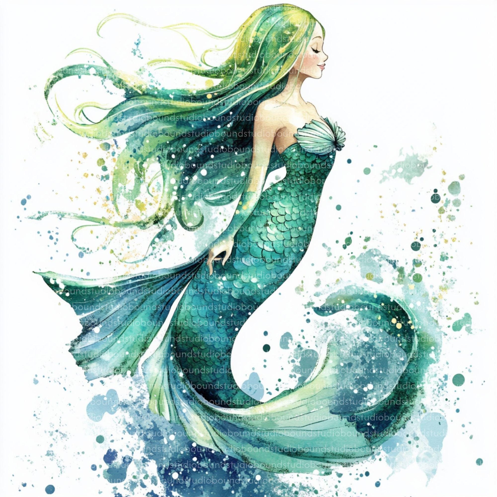 12 Beautiful Mermaid Clipart, Printable Watercolor Clipart, Digital ...