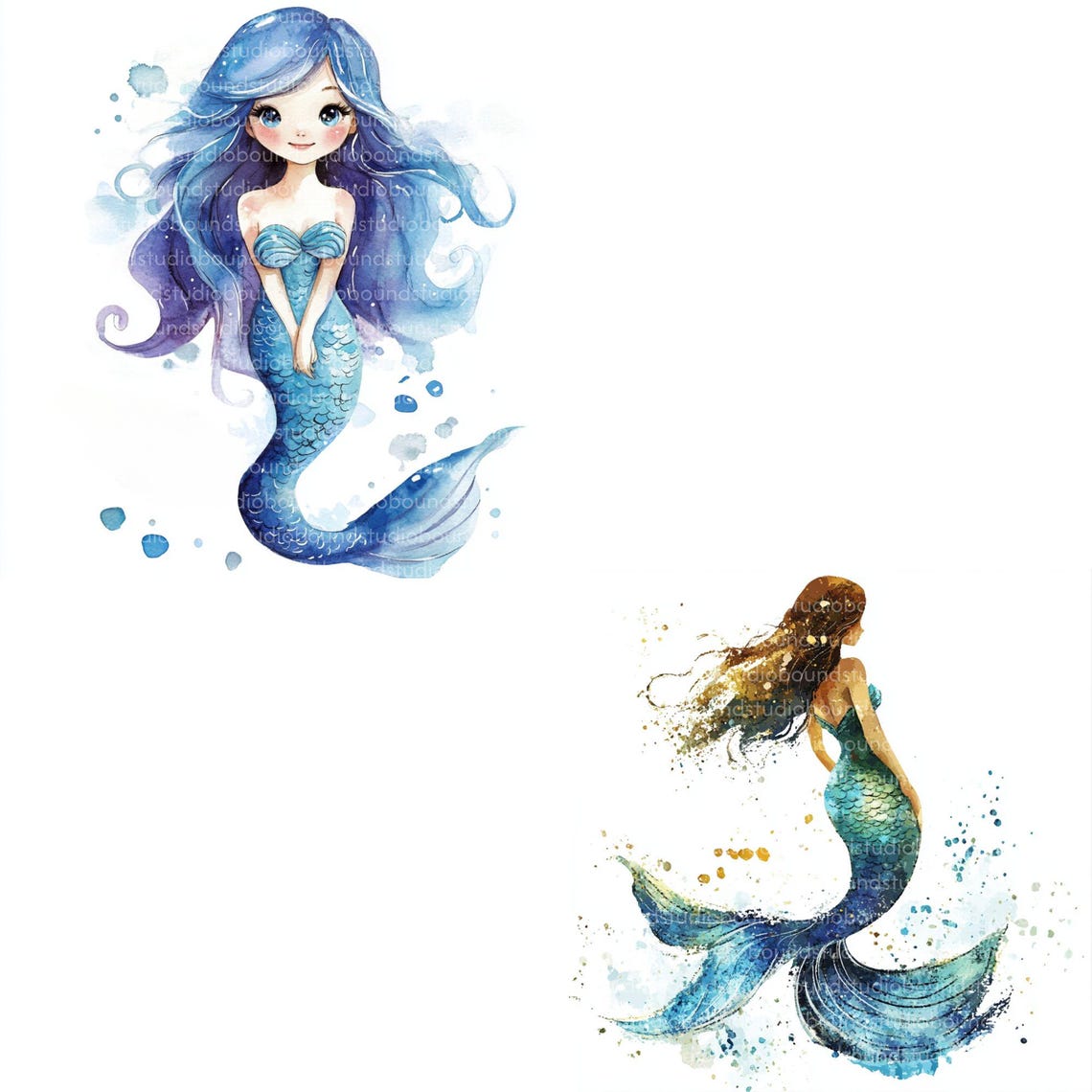 12 Beautiful Mermaid Clipart, Printable Watercolor Clipart, Digital ...