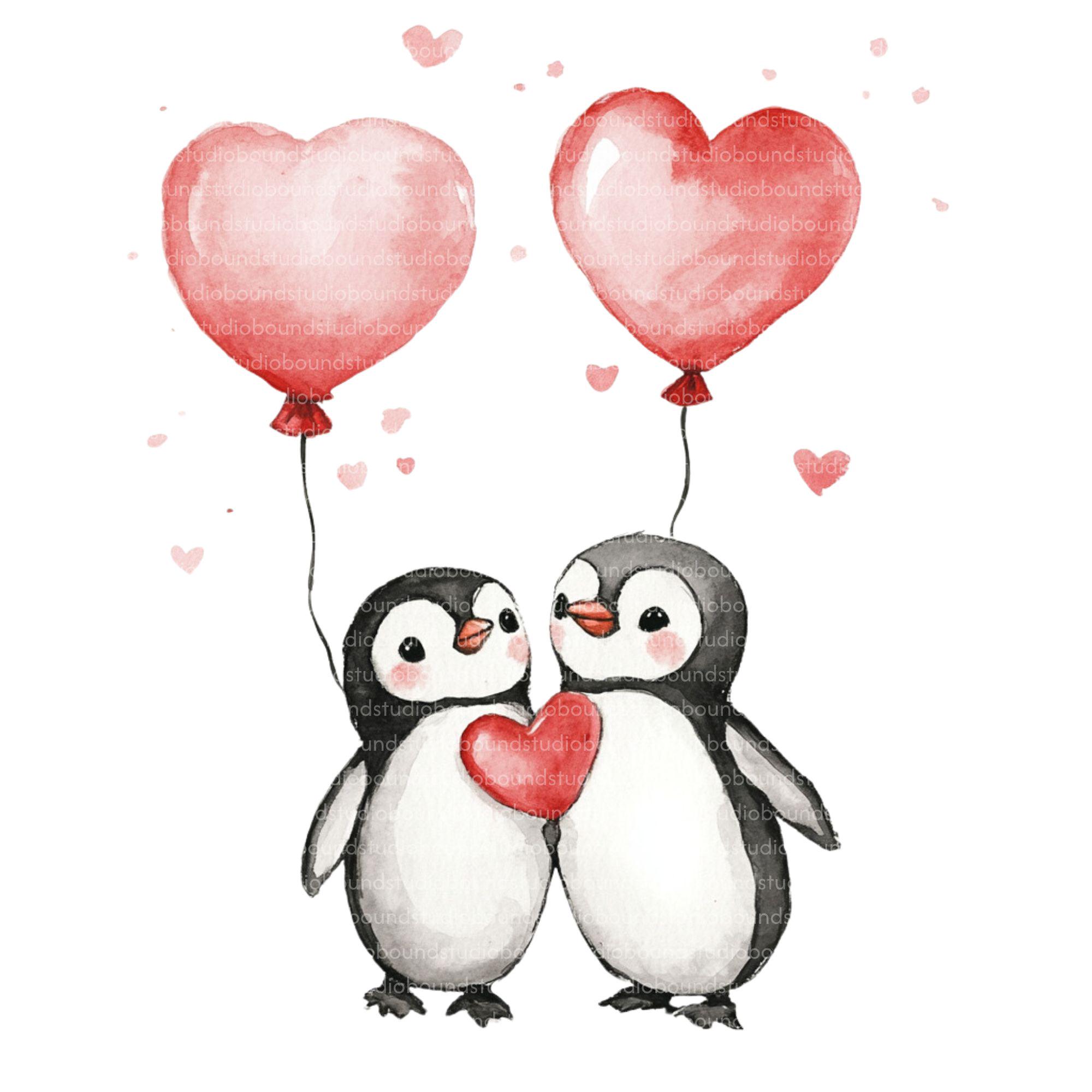 10 Cute Penguin Couple Clipart, Printable Watercolor Clipart, Valentine ...