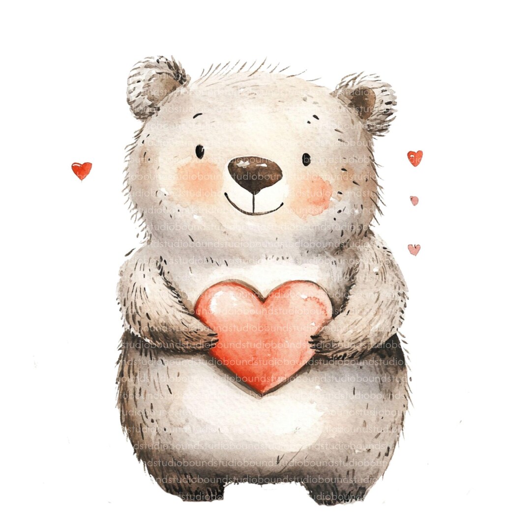 Cute Bear Watercolor Clipart, Valentine's Day PNG JPG (digital Download ...