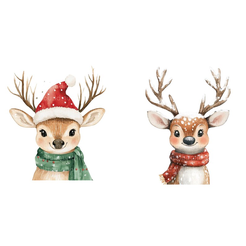 Watercolor Christmas Deer Clipart, Cute Holiday PNG JPG (digital ...