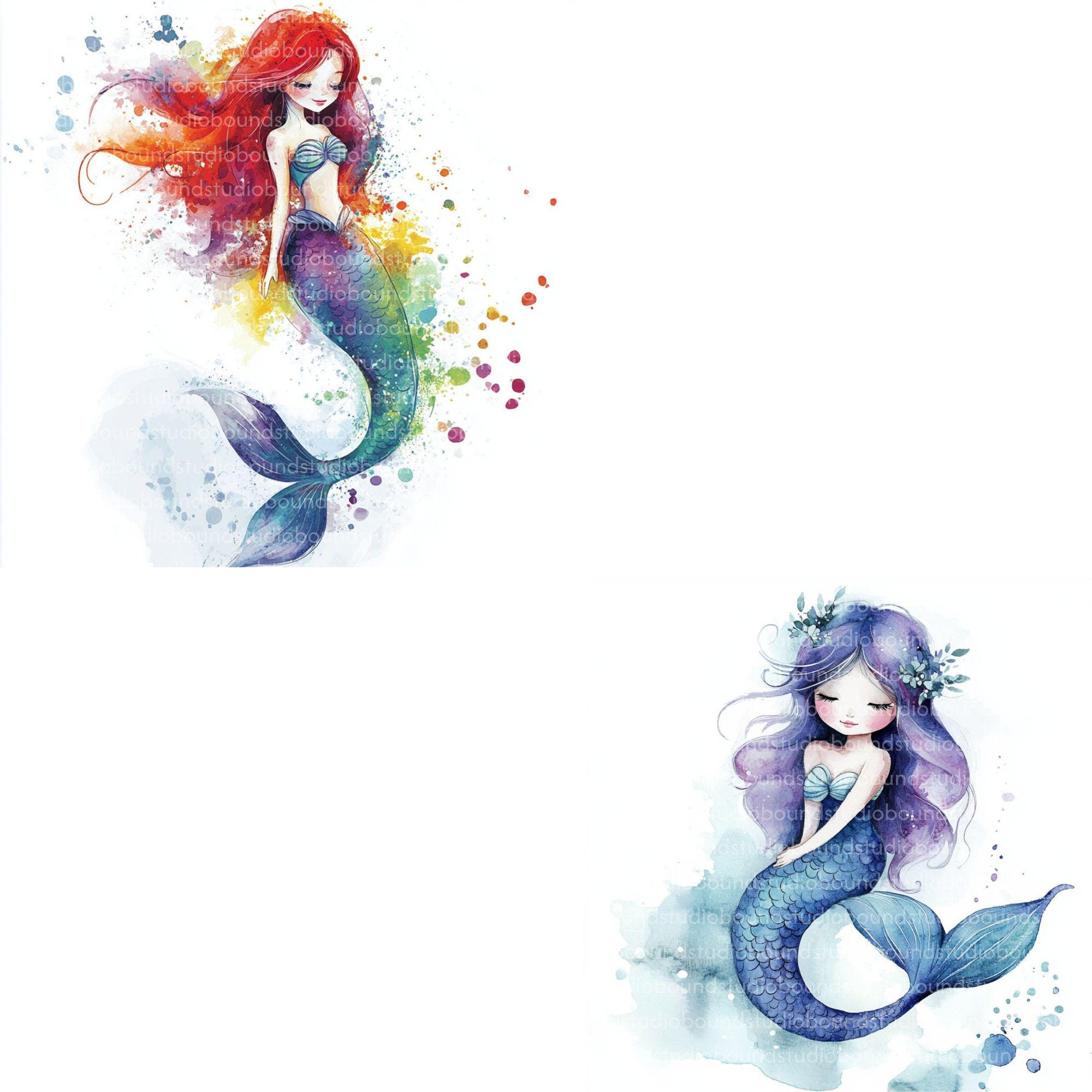 12 Beautiful Mermaid Clipart, Printable Watercolor Clipart, Digital ...