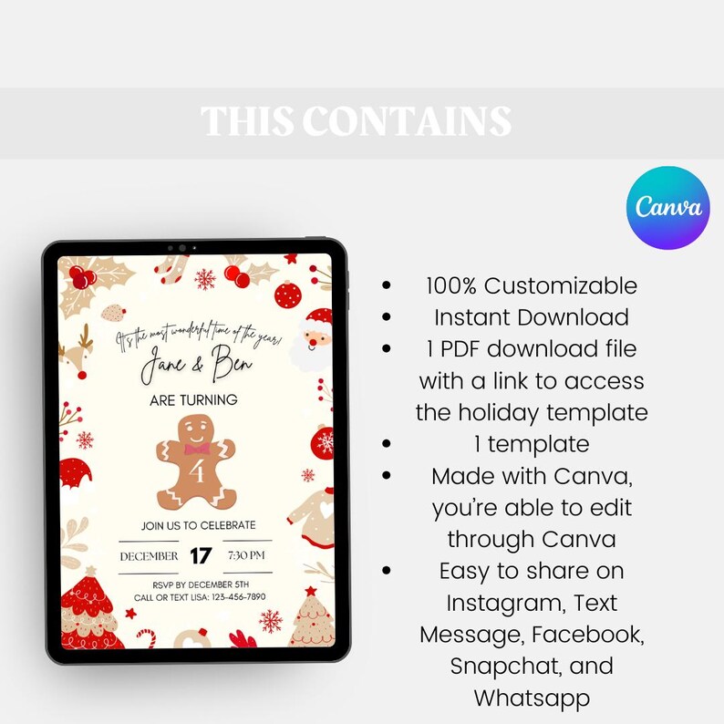 Editable Green and Read Gingerbread Birthday Invitation, ANY AGE ...