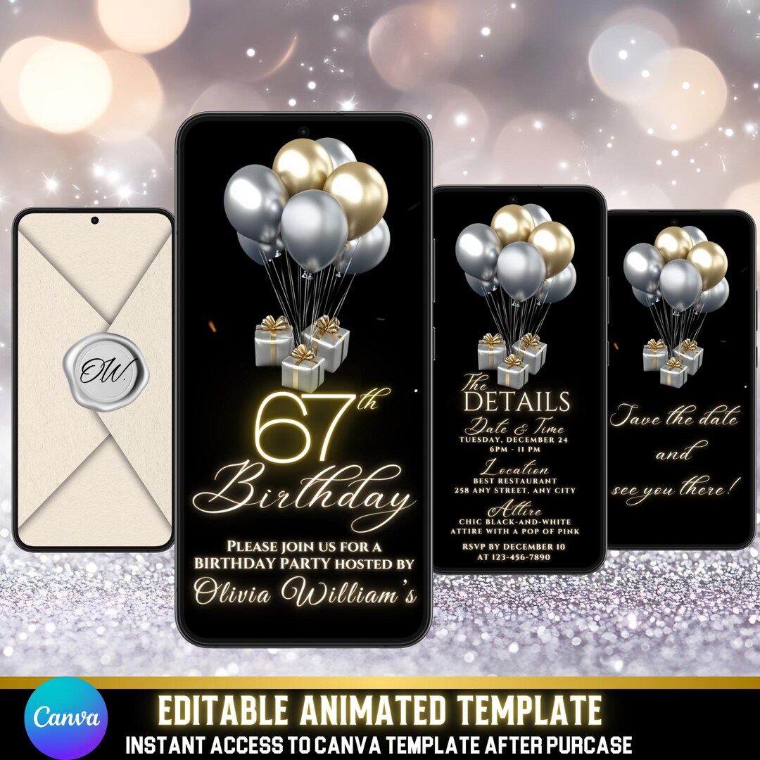 Black Gold 67th Birthday Invitation | Animated Birthday Video Invite ...