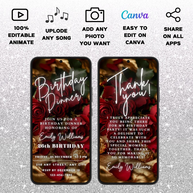 Animated Burgundy Roses Birthday Invitation, Gold Accents and Elegant ...