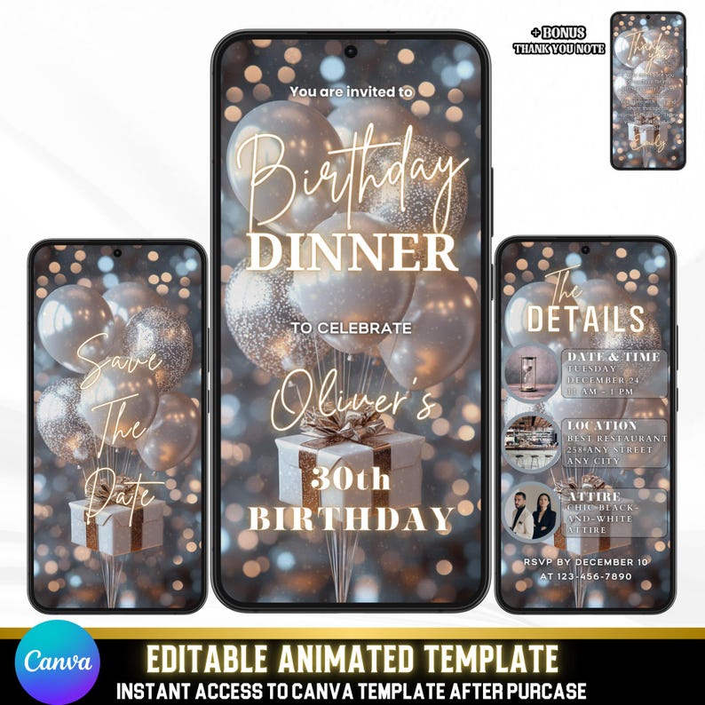 Animated Save the Date Birthday Dinner Invitation | Elegant Gold ...