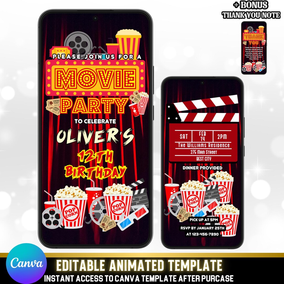Magical Movie Night: Animated Birthday Invite, Editable Cinema Template ...
