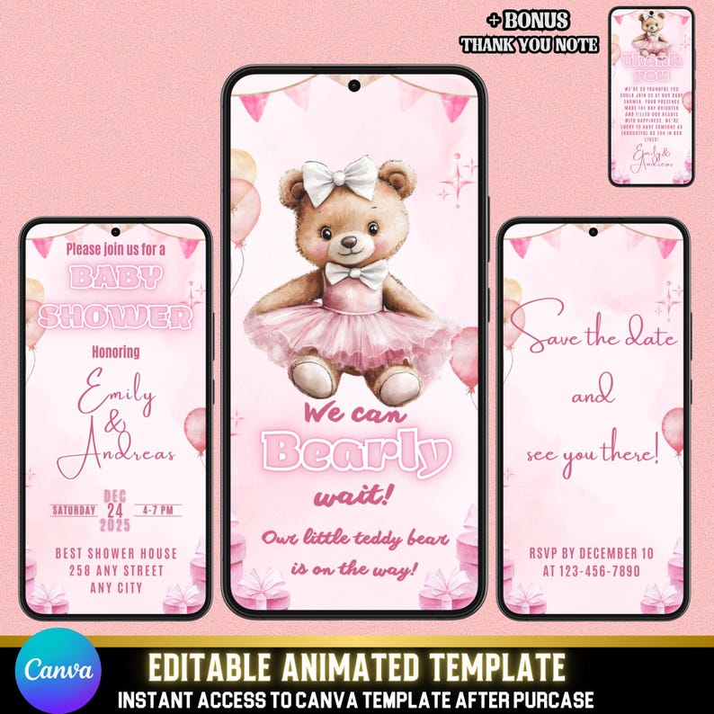 Animated Baby Shower Invitation With Bear for Girl | Cute Pink Baby ...