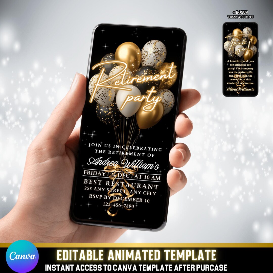 Animated Retirement Party Invitation | Black Gold Canva Evite ...