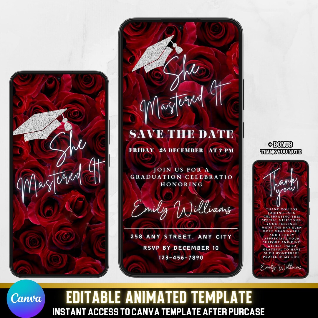 Graduation Party Invitation | Elegant Dark Red Roses & Silver Text ...