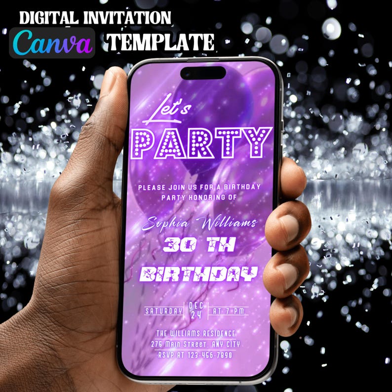 Let's Party Purple Animated Invitation, Neon Light Digital Birthday ...