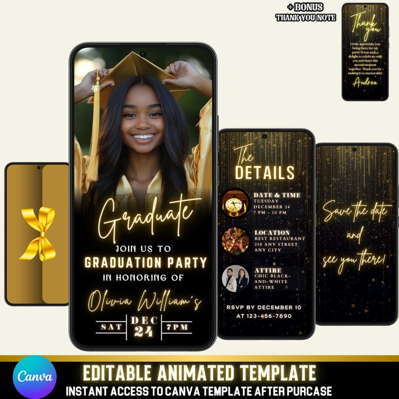 Gold & Black Graduation Party Video Invitation | Photo, Animated (canva ...