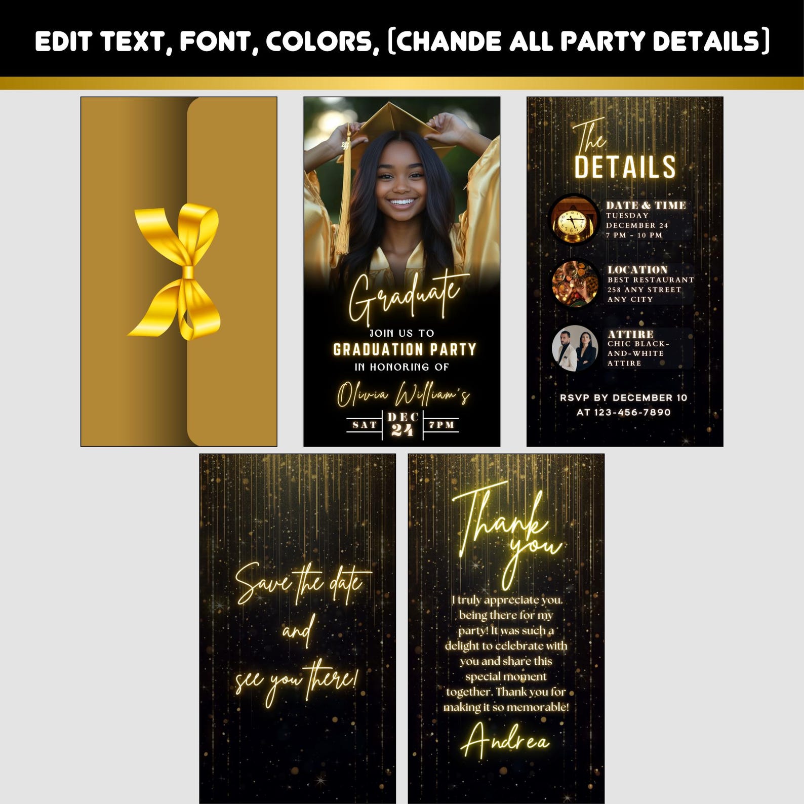 Gold & Black Graduation Party Video Invitation | Photo, Animated (canva ...