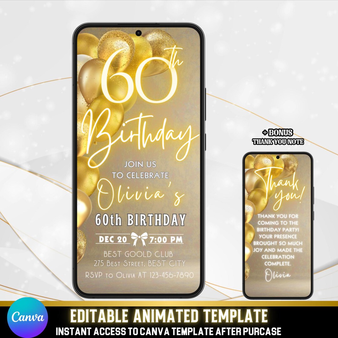 Animated 60th Birthday Party Invitation | Golden Glow Video Evite ...