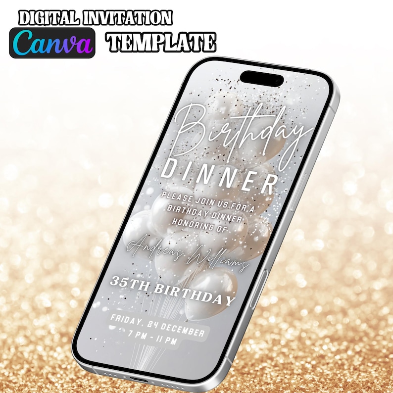 Elegant Silver Surprise Birthday Invitation | White Glitter & Balloons ...