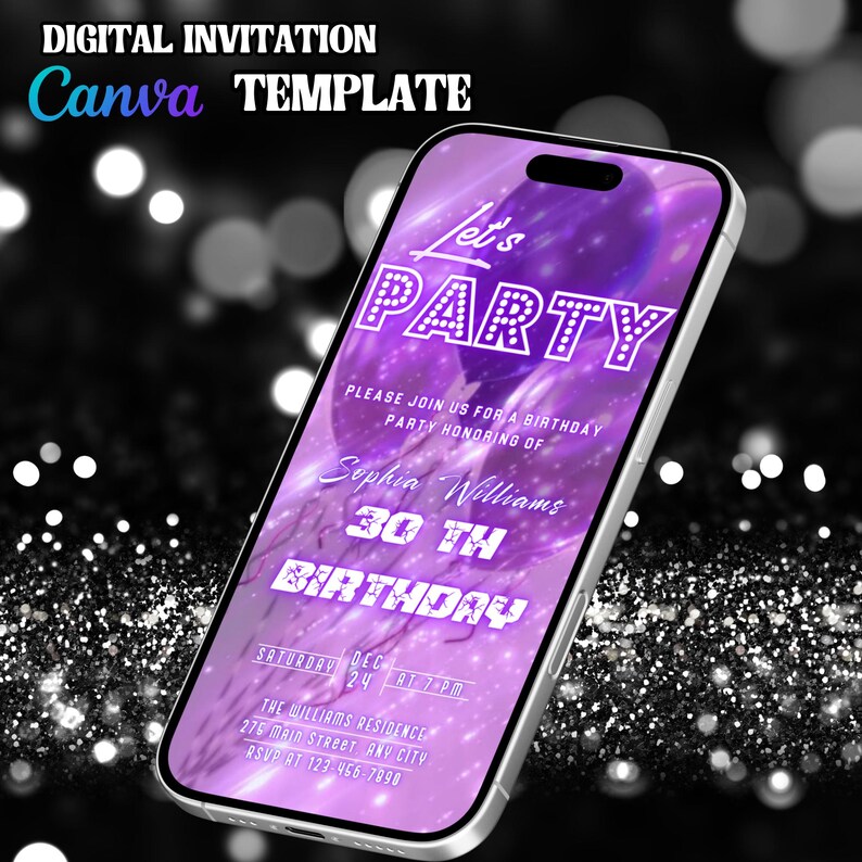 Let's Party Purple Animated Invitation, Neon Light Digital Birthday ...
