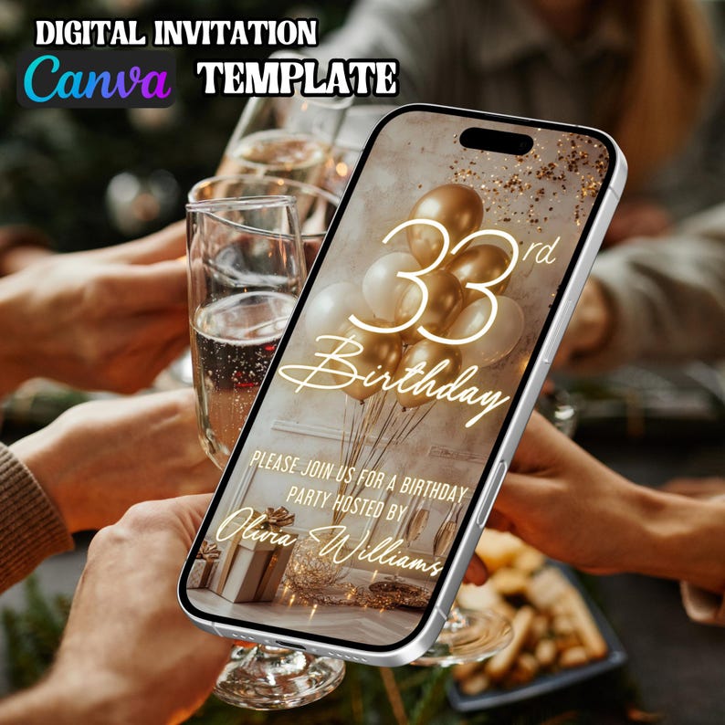 33rd Birthday Video Invitation, Gold Balloons, Elegant Canva Template ...