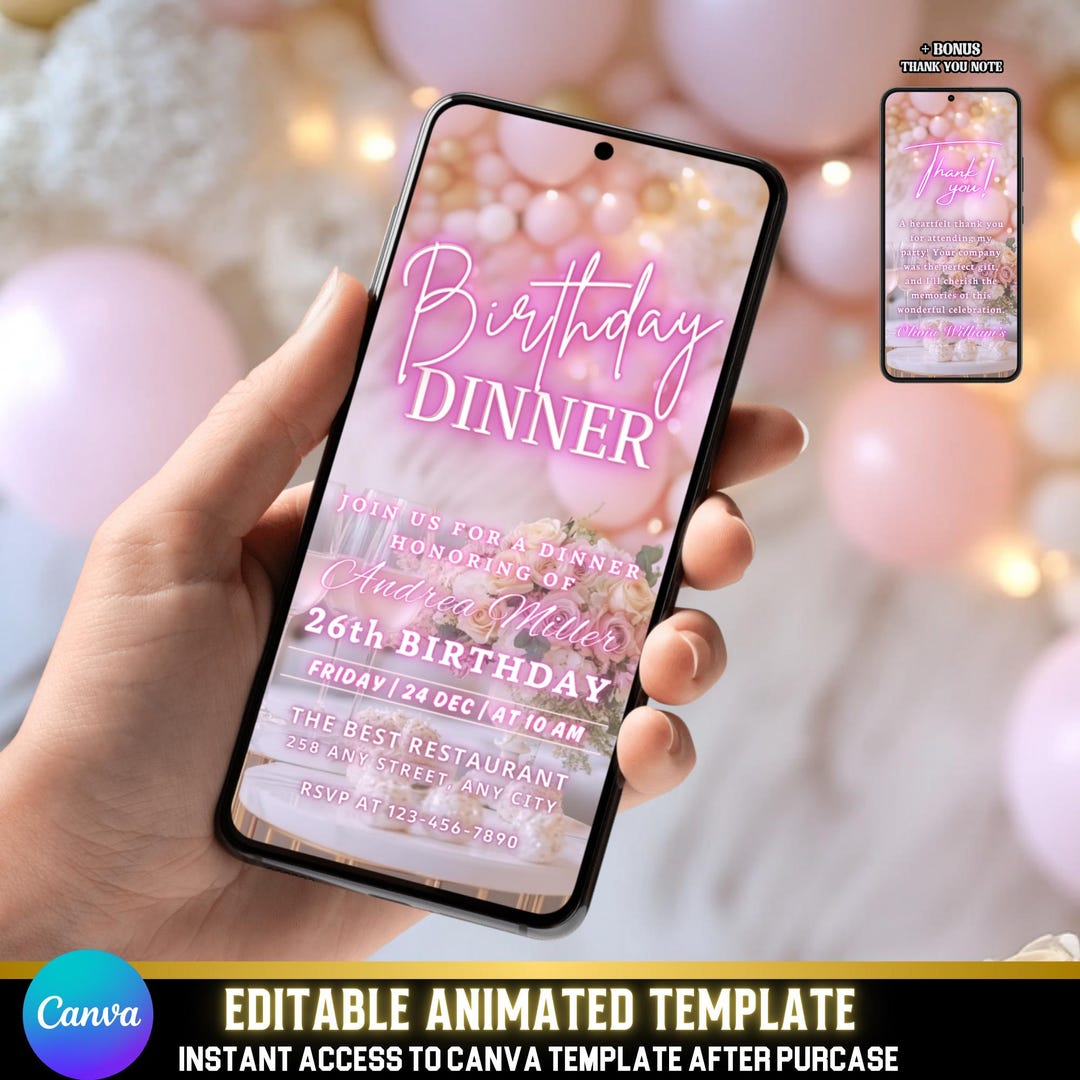 Neon Pink Birthday Dinner Animated Invitation – Blush Balloon Arch ...