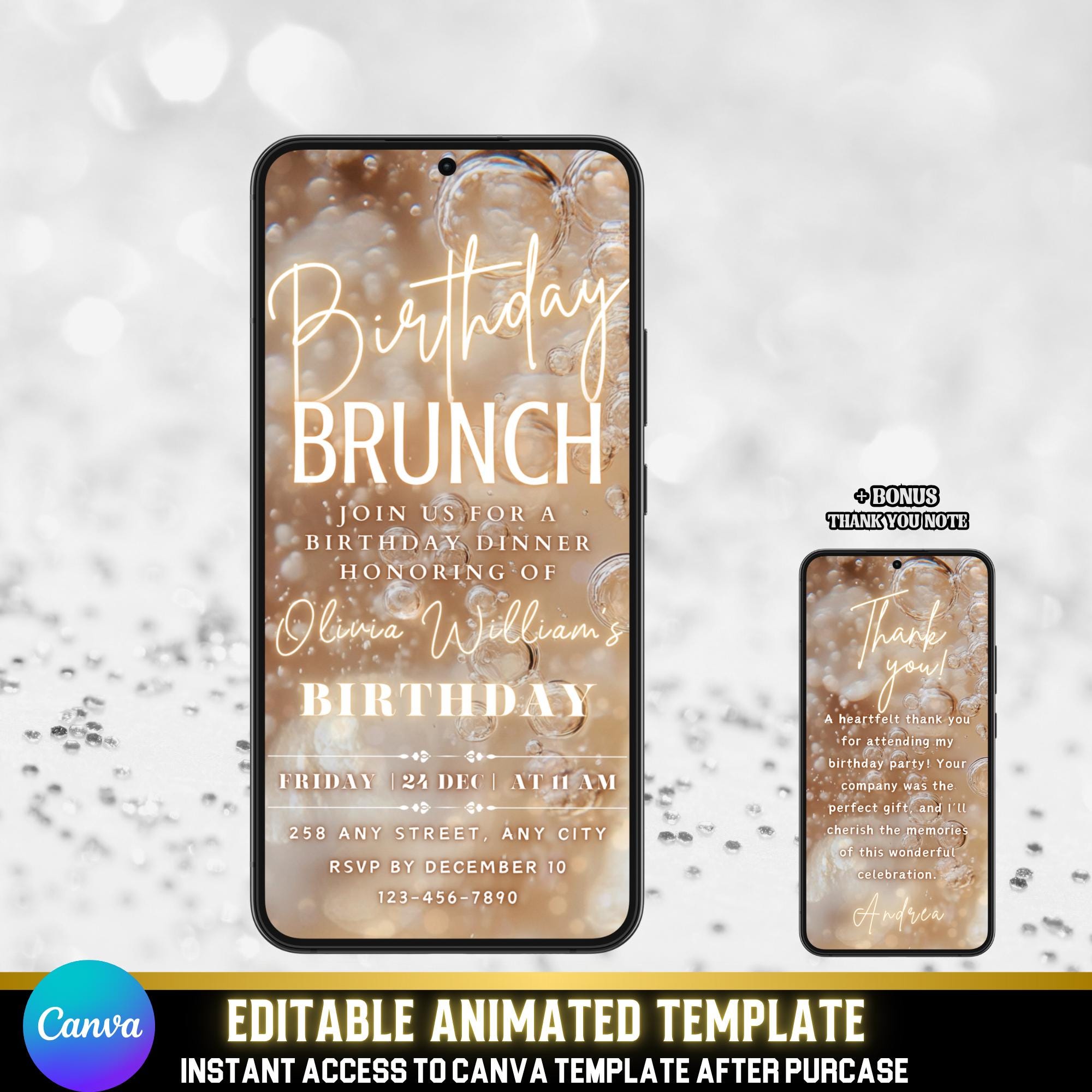 Elegant Animated Brunch Video Invitation, Gold & Bronze Text, Sparkling ...