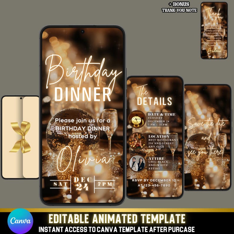 Animated Birthday Dinner Invitation | Self-edit Video Template | Gold ...