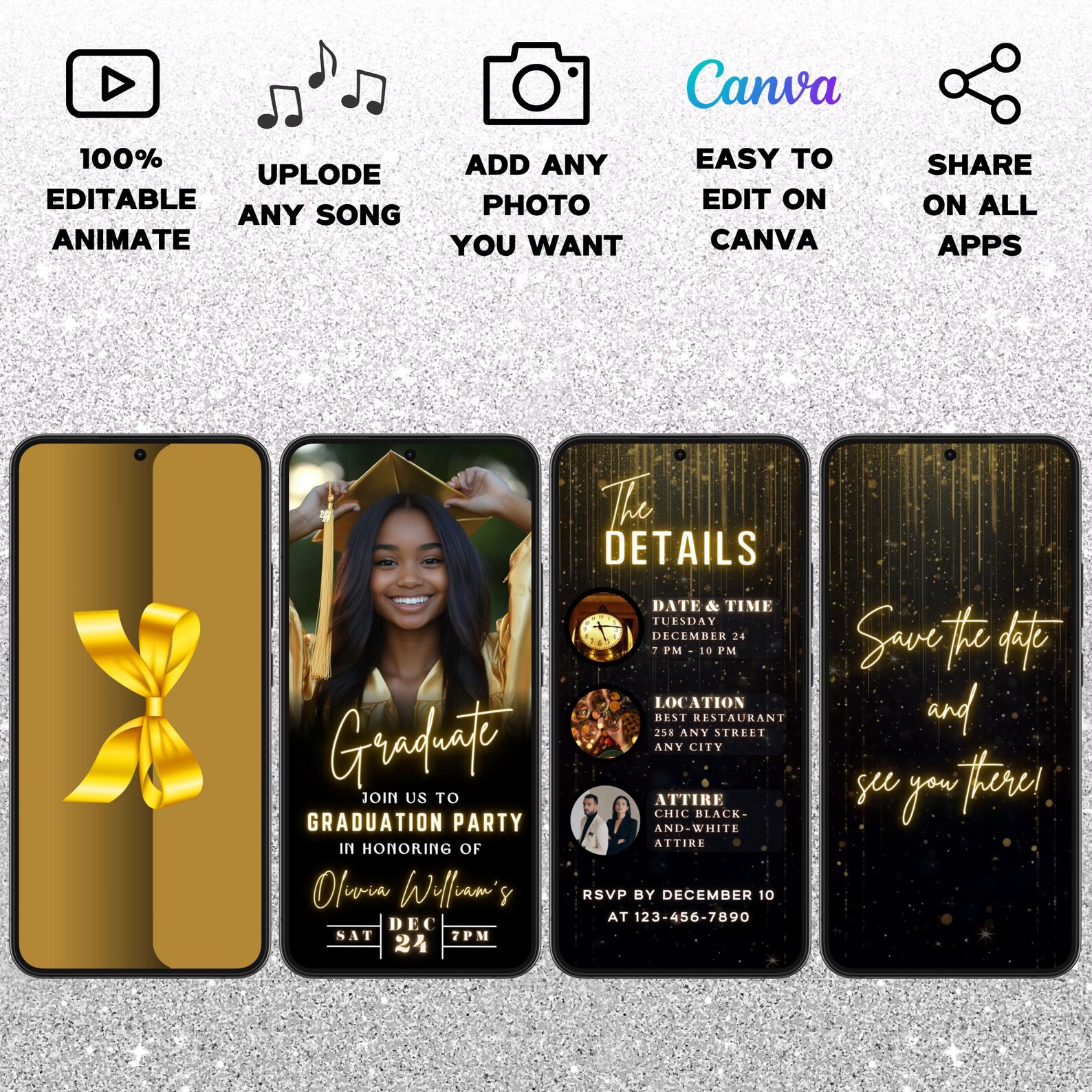 Gold & Black Graduation Party Video Invitation | Photo, Animated (canva ...